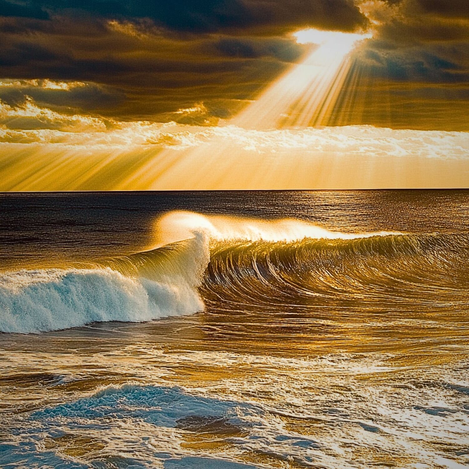 Golden Radiance on Restless Waves by Deliria Wilson (2024) : Digital Digital on Canvas - Singulart
