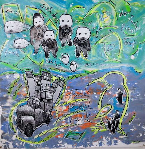 Fuck Pixel Truck von Thomas Kelm (2025): Malerei Acryl, Collage auf Leinwand - Singulart