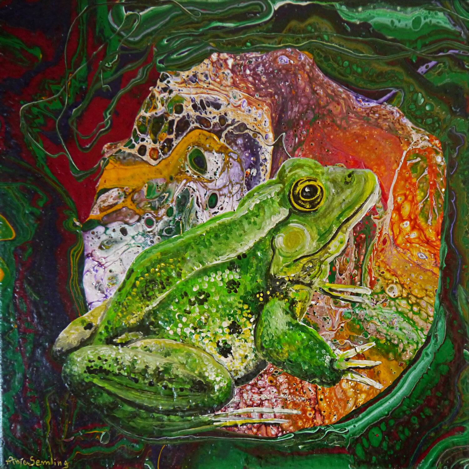 Amphibische Präsenz – Grasfrosch de Anja Semling (2022): Pintura Acrílico en Lienzo - Singulart
