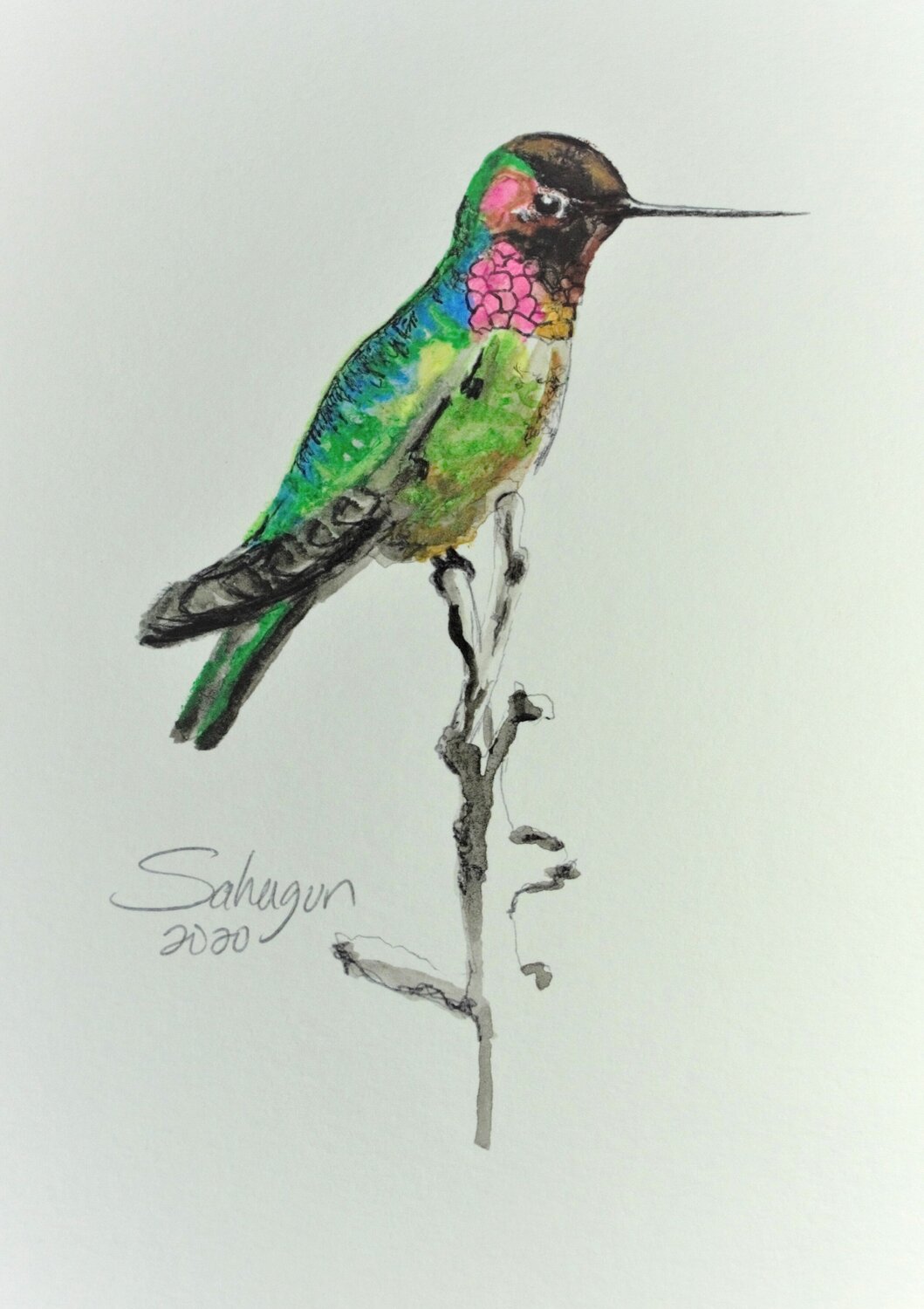 Hummingbird by Jorge Moran (2020) : Painting Watercolor, Pen on Glass ...