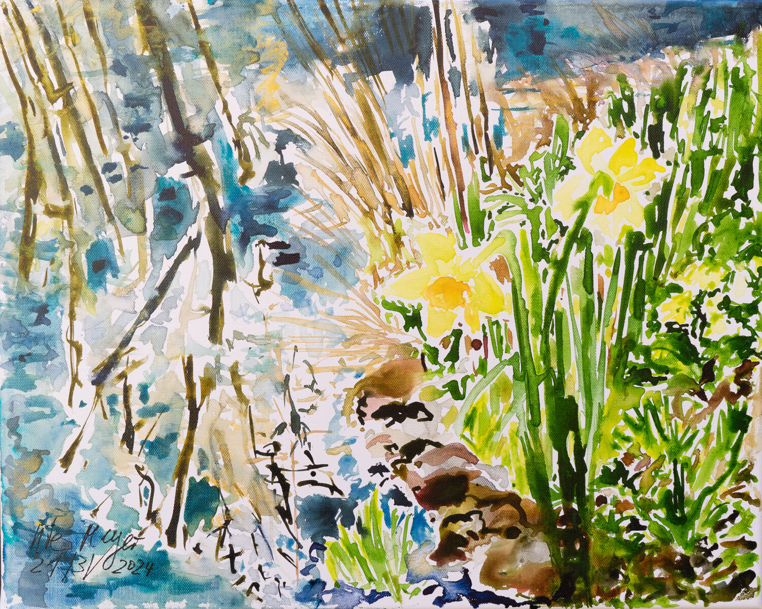 Frühling am Teich by Ute Meyer (2024) : Painting Watercolor on Canvas ...
