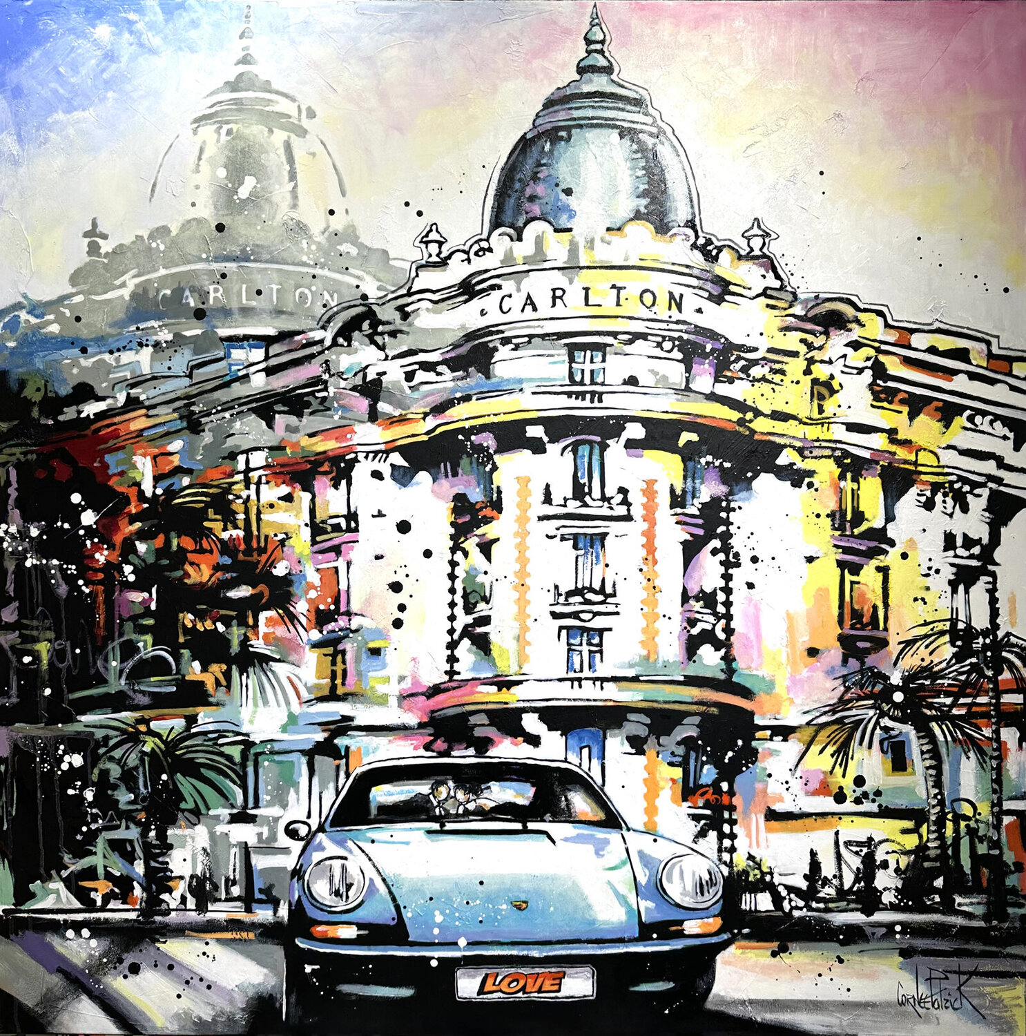 Two lovers in a Porsche 911, in front of the Carton hotel in Cannes by ...