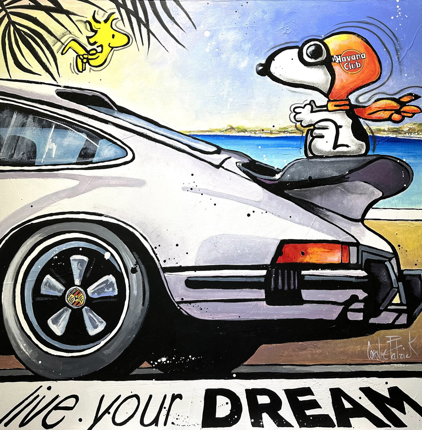 Snoopy vit son rêve, la Porsche sur la Côte d'Azur by Patrick Cornée (2025) : Painting Oil on ...