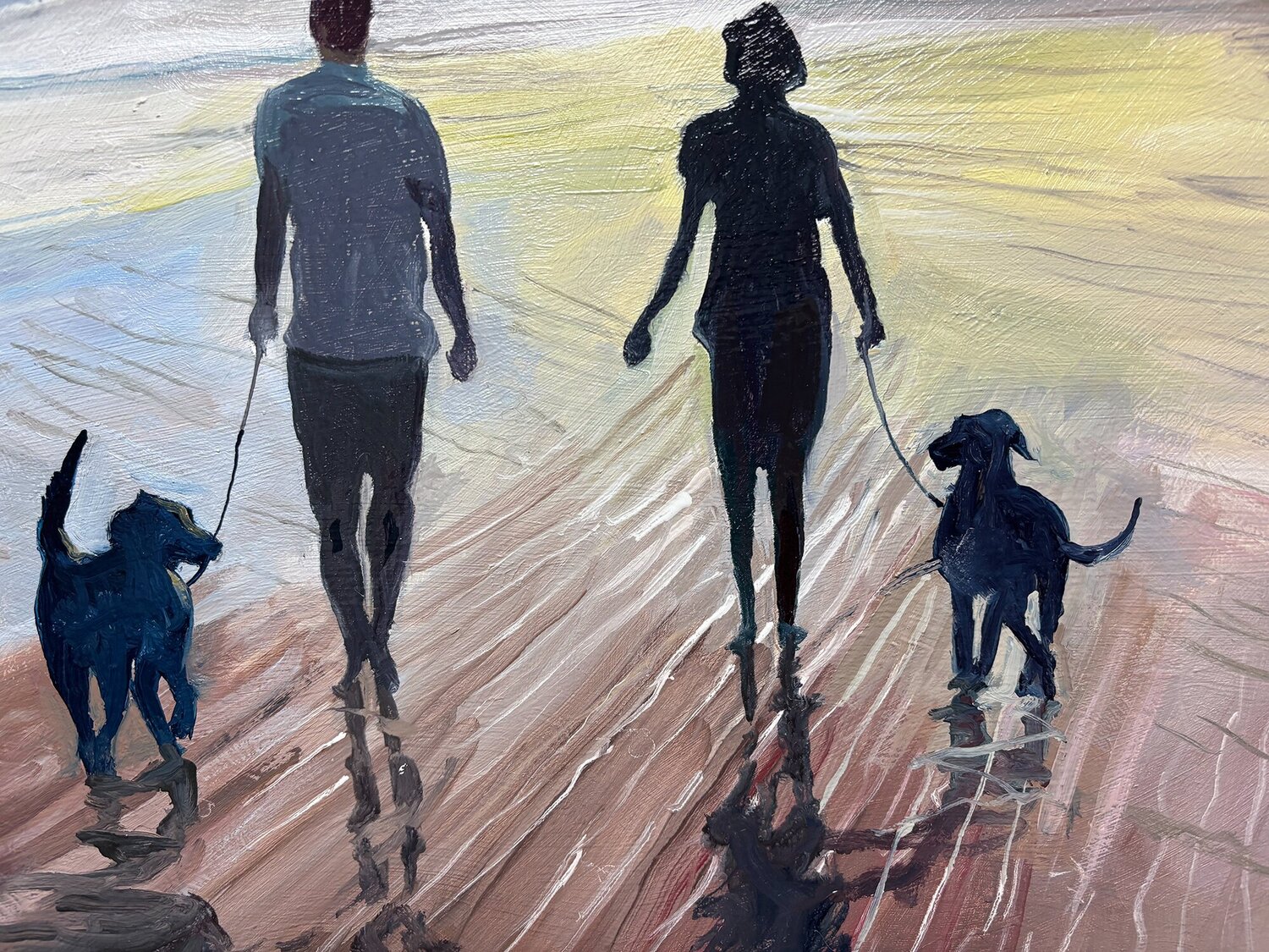 Walking dogs on a sandy beach von Gerald Miles (2026): Malerei Öl auf ...