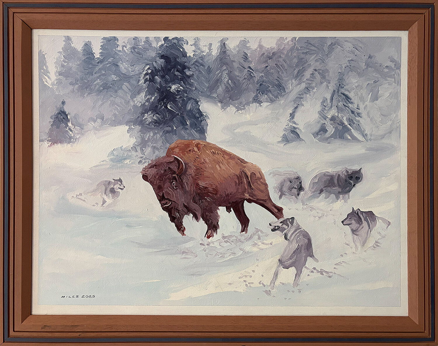 Wolves attacking a Bison by Gerald Miles (2025) : Painting Oil on ...