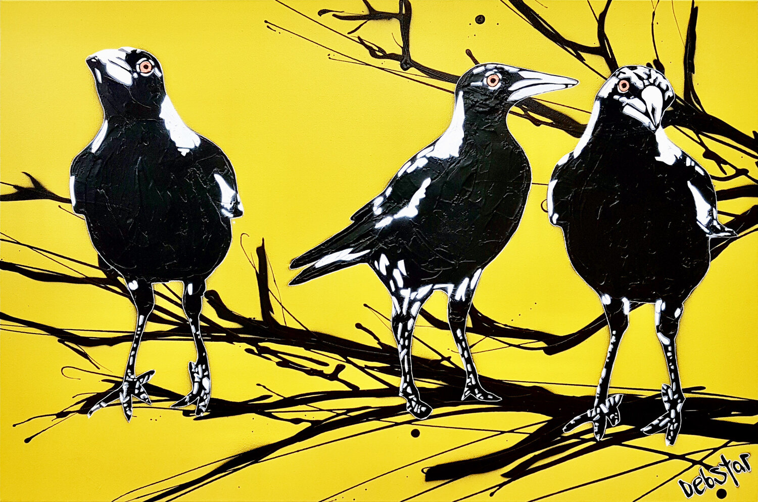 Magpie Street Birds Yellow 92cm x 61cm de DEBORAH LANG (2024): Pintura ...
