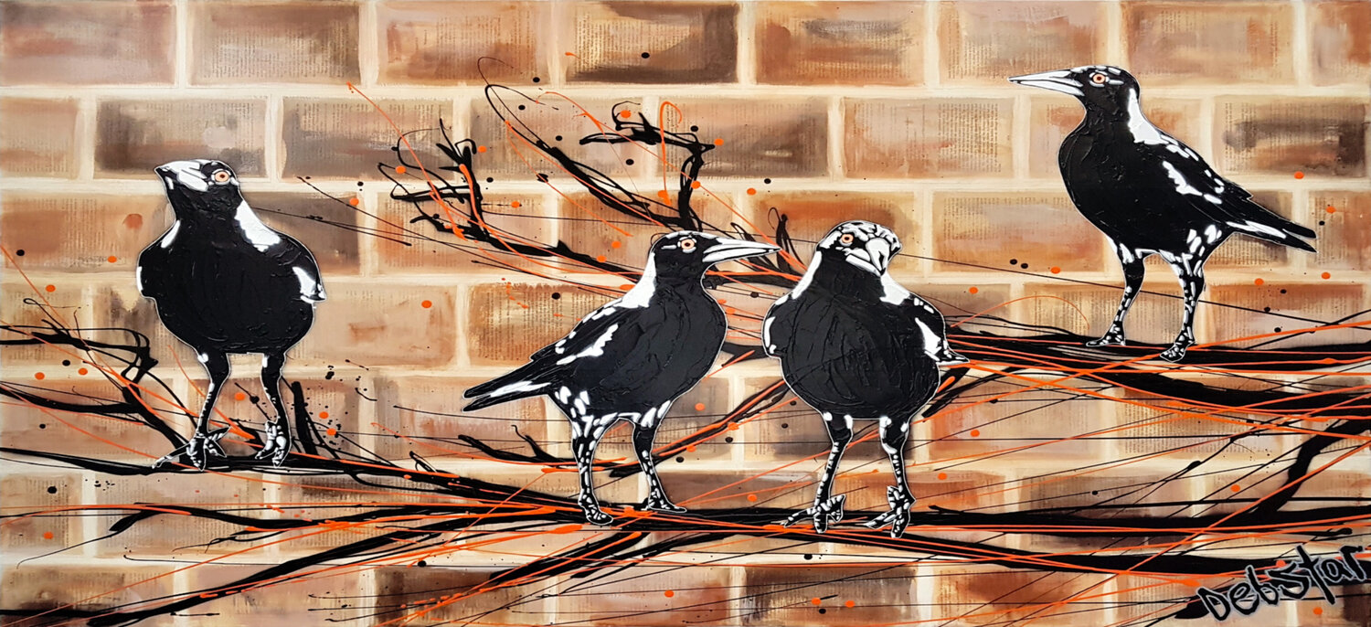 Mischief of Magpies! Brick Wall! 152cm x 91cm door DEBORAH LANG (2024 ...