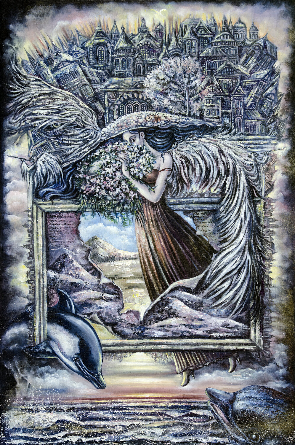 Original mysterious paintings/surrealism painting/girl and dolphins ...