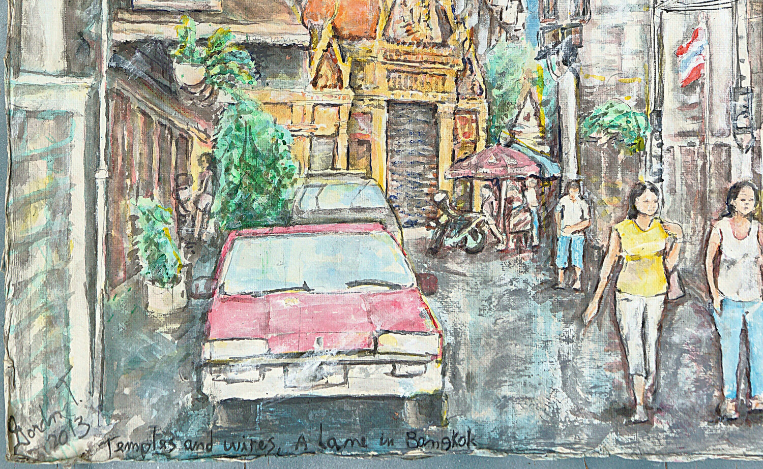 Temples & Wires, a Lane in Bangkok by Gordon Tardio (2021) : Painting Acrylic on Paper - Singulart