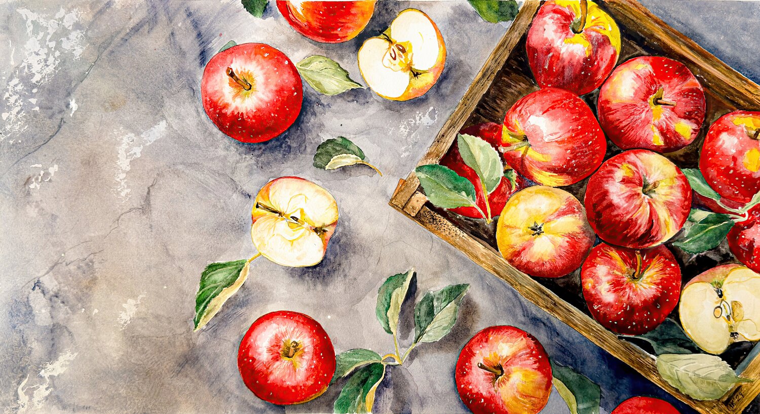 Bright Apples in a Wooden Box de Irina Kurganskaya (2024): Pintura Acuarela en Papel - Singulart