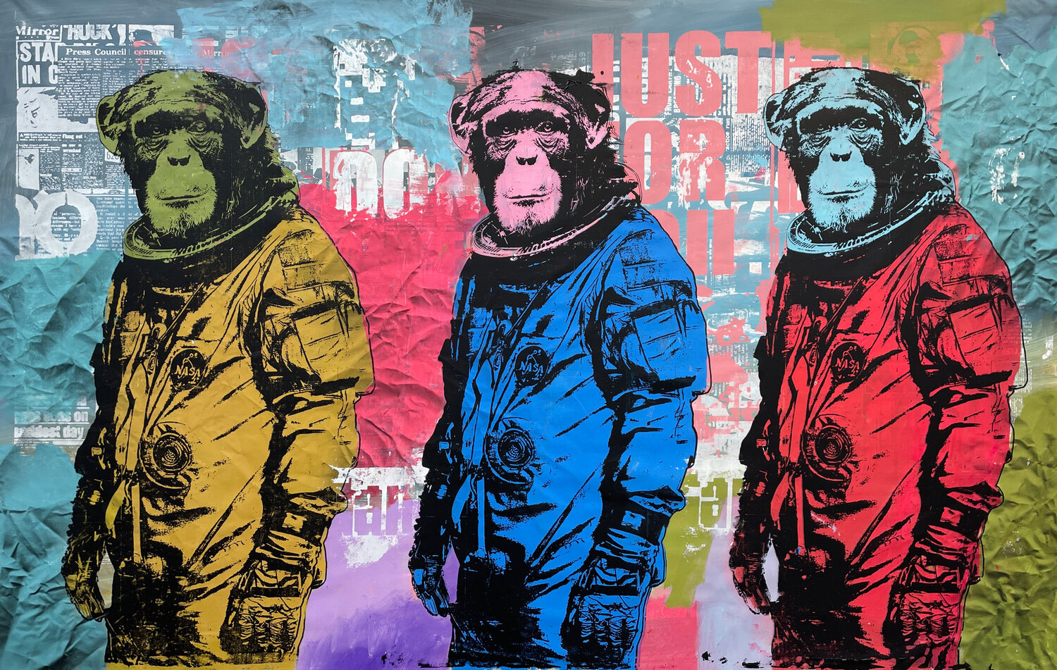 Monkey astronauts 4 by Mykola Kuryliuk (2023) : Painting Acrylic on Canvas - Singulart