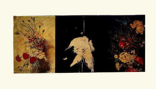 The Flowers of War. A Mixed media triptych with two flower paintings by ...