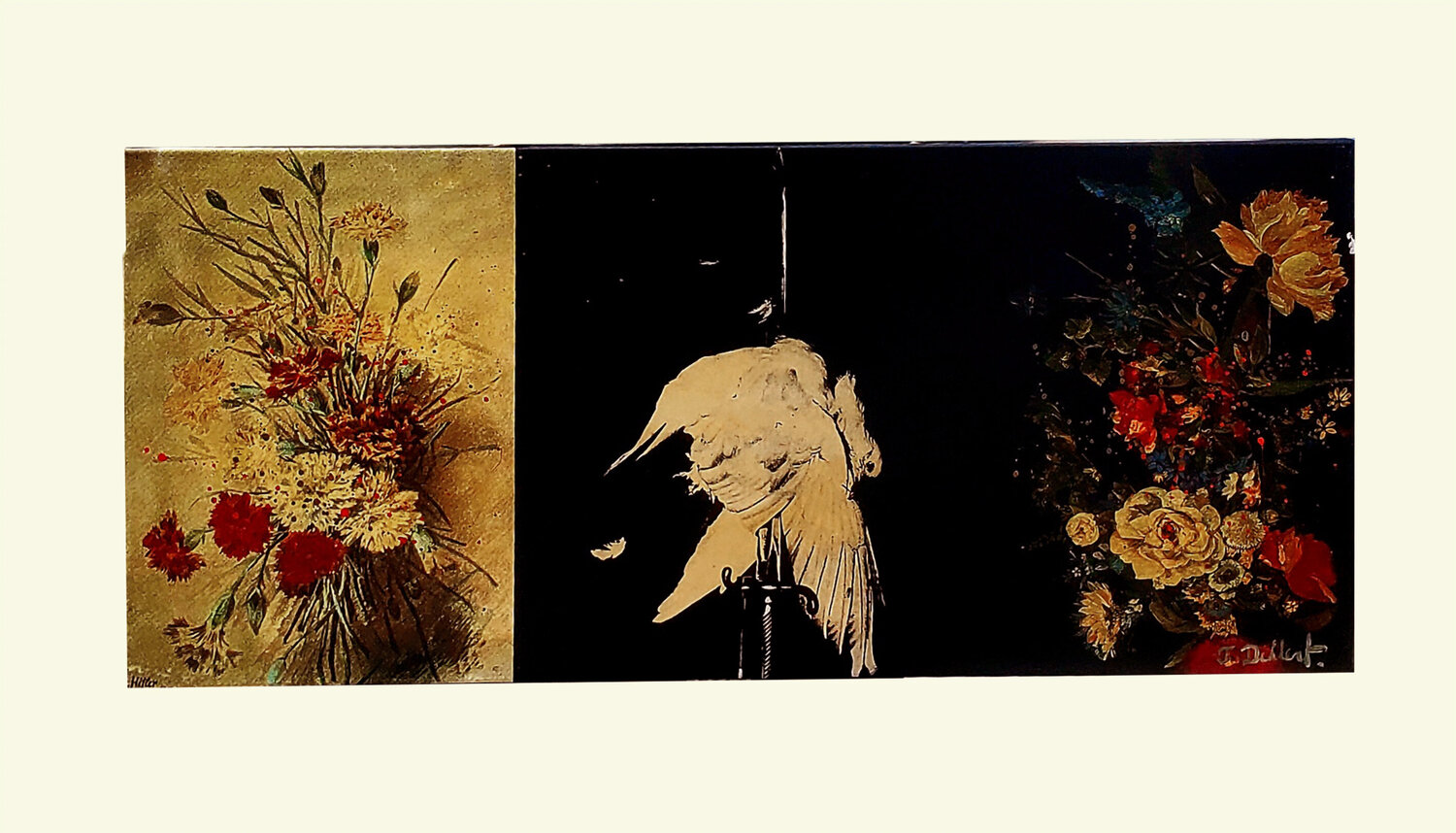 The Flowers of War. A Mixed media triptych with two flower paintings by ...