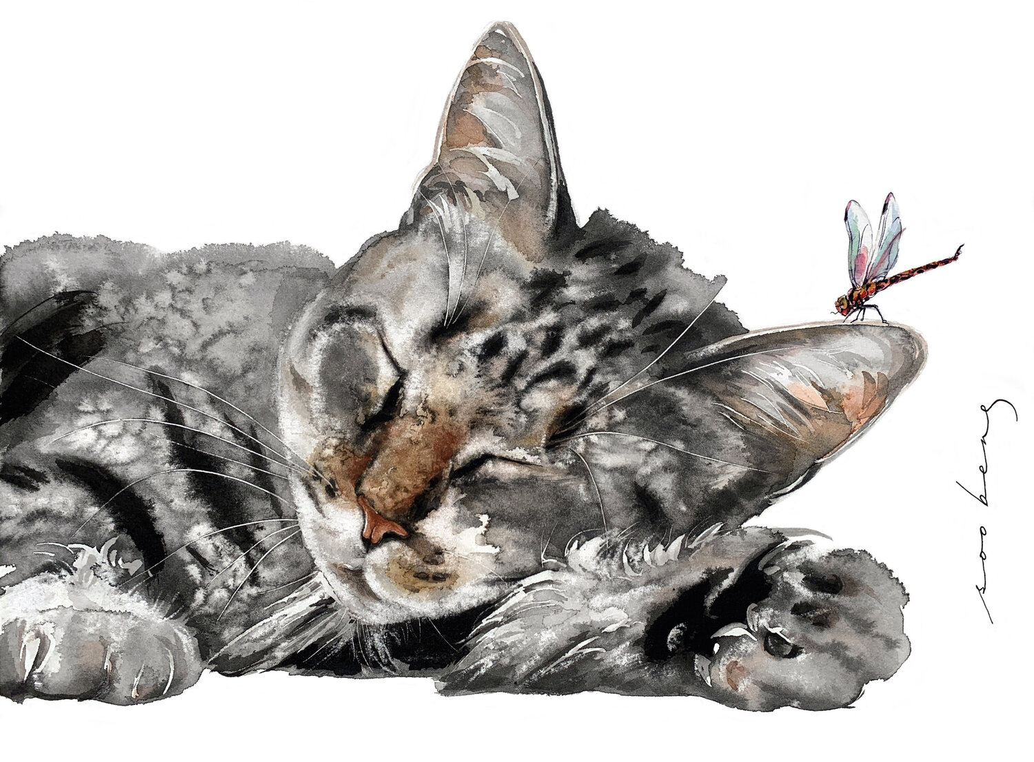 Purrfect Slumber de Soo Beng Lim (2025) : Dessin Encre de Chine sur Papier - Singulart