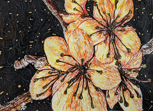 Golden Ukon Sakura by Vincent Keele (2021) : Painting Acrylic on Paper ...