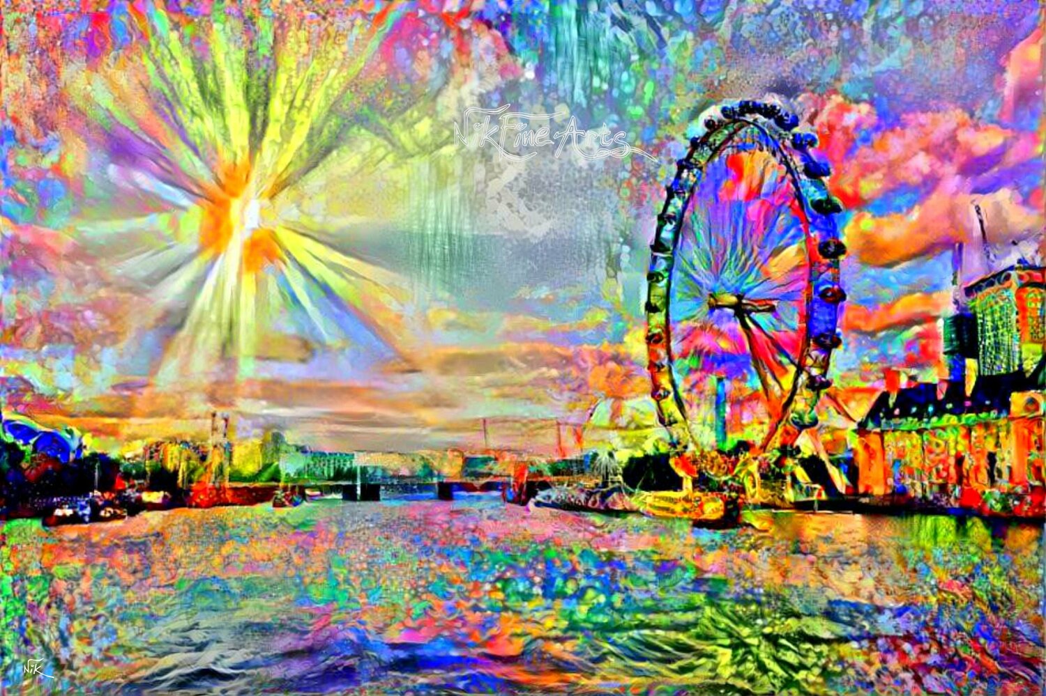 LONDON EYE WITH SUN RAYS by Nik Tod (2021) : Painting Acrylic, Screen ...