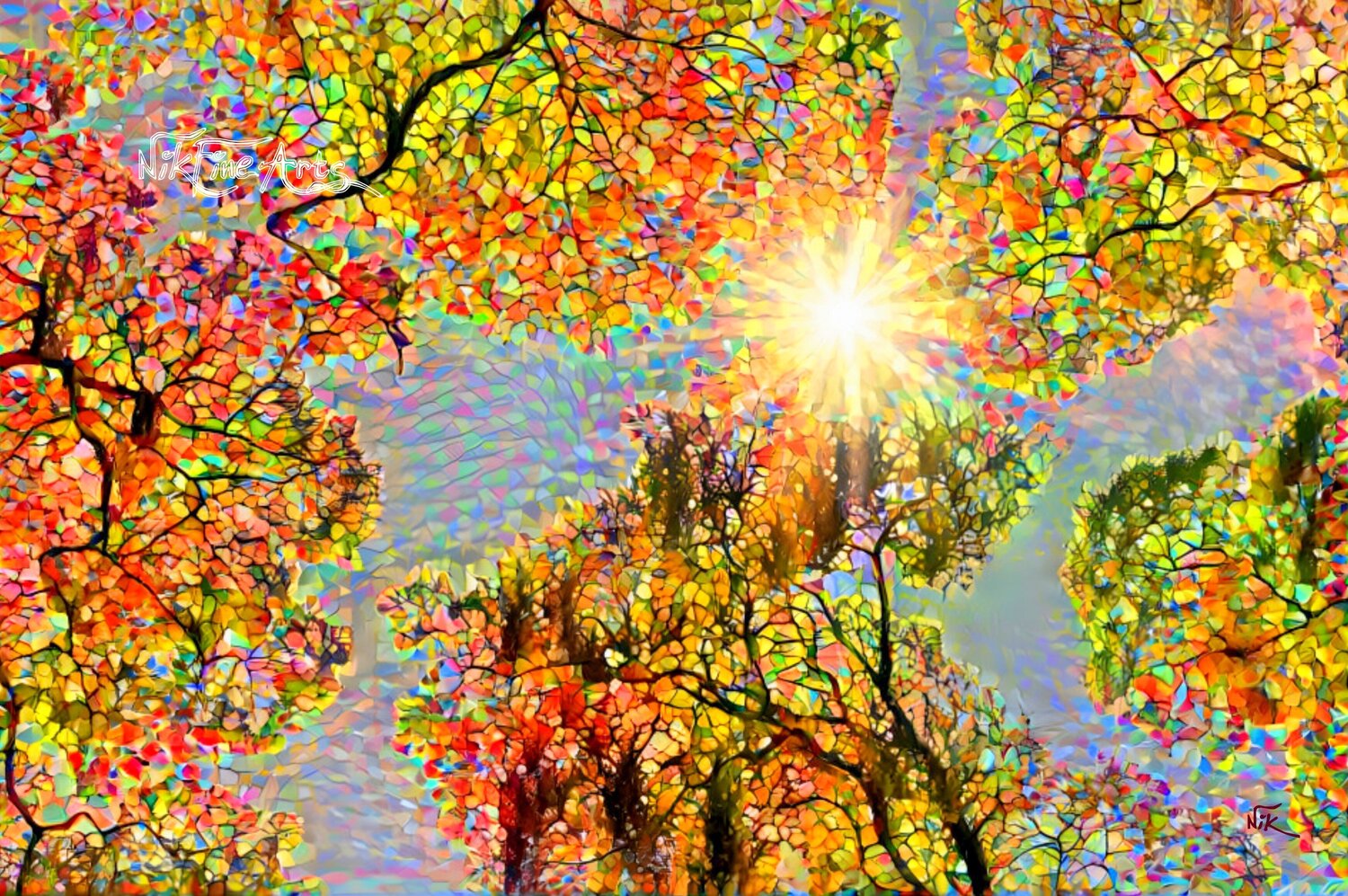 COLORFUL TREES WITH SUN RAYS 2 by Nik Tod (2023) : Painting Acrylic ...