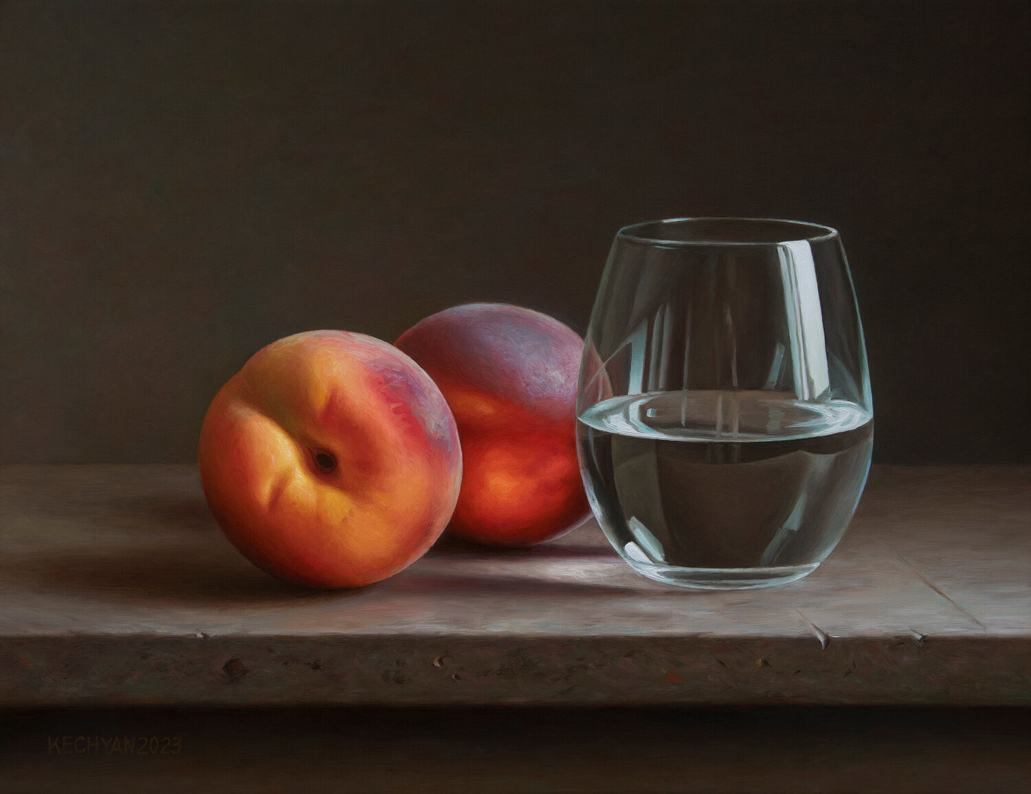 Peaches with a glass by Albert Kechyan (2023) : Painting Oil on Wood ...