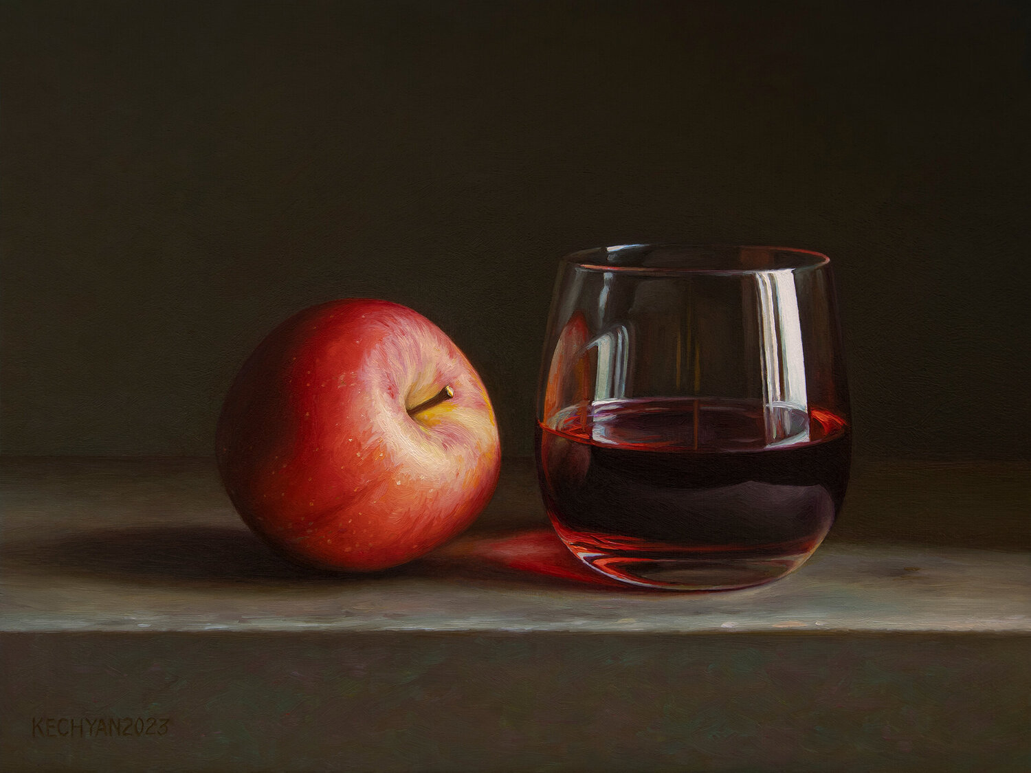 Apple with a glass by Albert Kechyan (2023) : Painting Oil on Wood ...