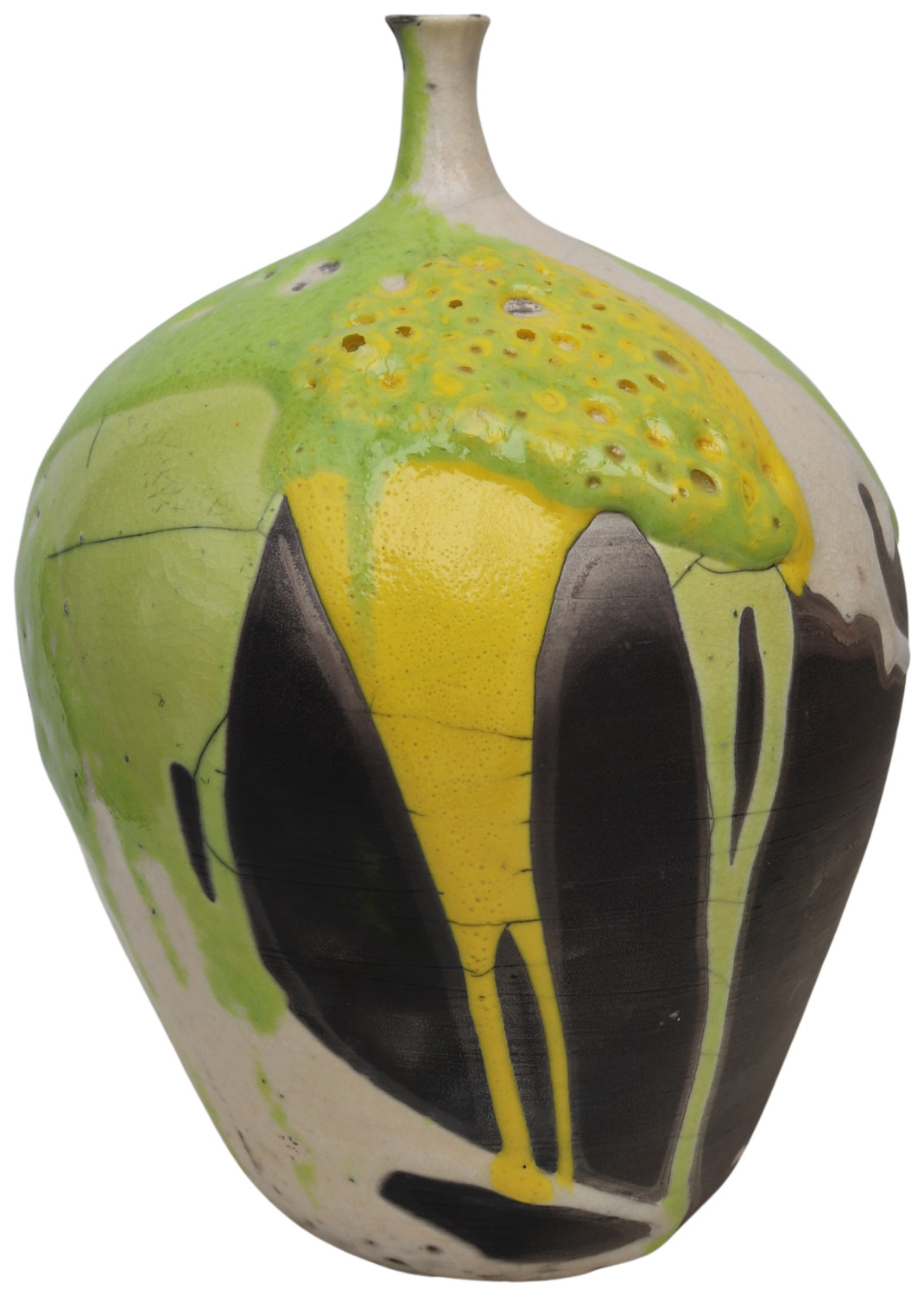 Raku and black smoked vessel with green and yellow glaze de Koen ...